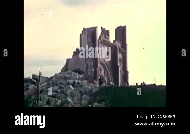 1945 - A wrecked temple is shown amidst singed ruins in the aftermath ...