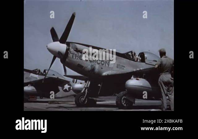 Pilots taxi and takeoff in North American Aviation P-51 Mustang ...