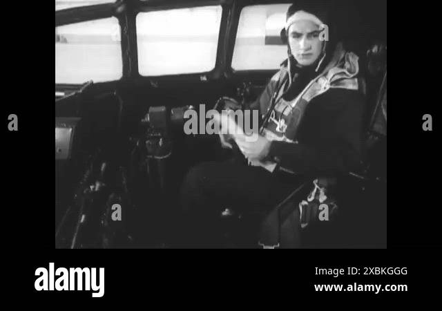 1944 - A B-29 co-pilot checks his gears and the trim tabs of the ...