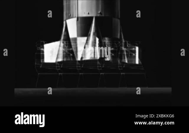 An animated Saturn moon rocket is equipped with five F-1 gas-generator ...