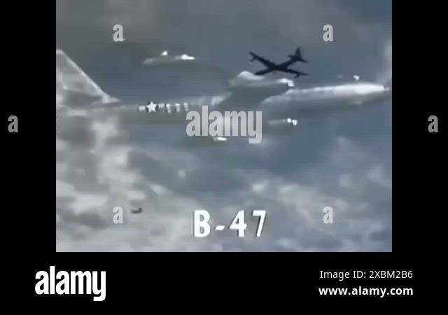 An inflight refueling with a Boeing KC-97 Stratofreighter tanker aircraft is shown as well as a ...