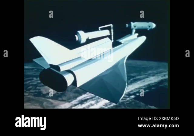 1971 - Rendering of a space shuttle assembling a electrical power module, and returning to earth ...