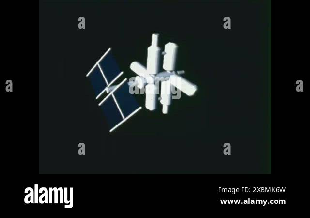 1971 - Rendering of a space shuttle attaching solar panels to a station ...