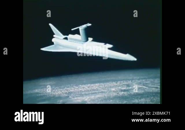 1971 - Rendering of a space shuttle rotating upside down, and capturing ...