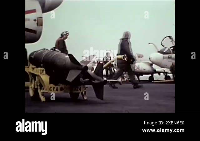 1974 - Aircrafts are cleared to take off from a US Navy carrier Stock ...