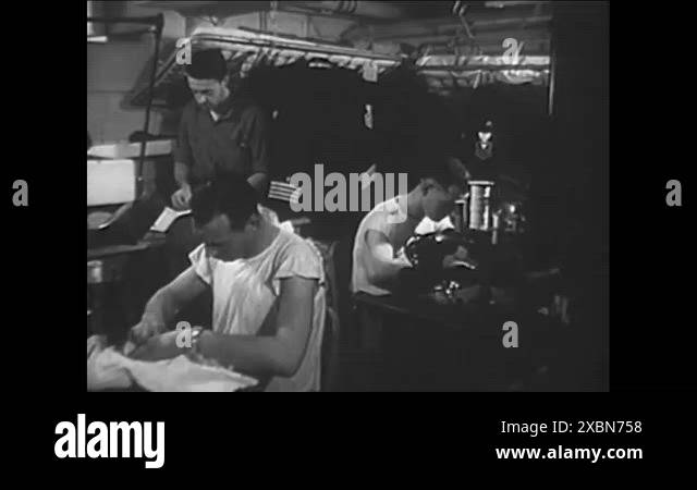 1952 - Men sew up torn uniforms and cobble shoes aboard a US Naval ...