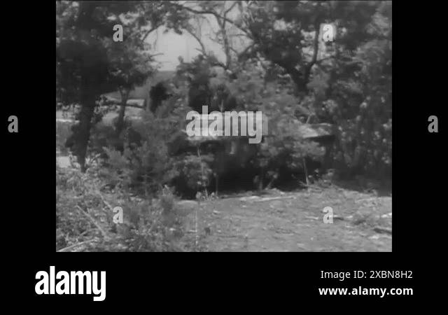 1950 - A tank emerges from a wooded area and light and medium tanks are ...
