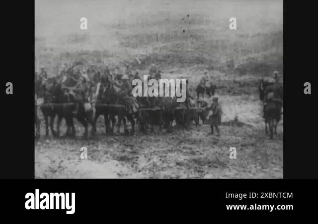 1918 - Horse-drawn artillery wagons are used to advance batteries of ...