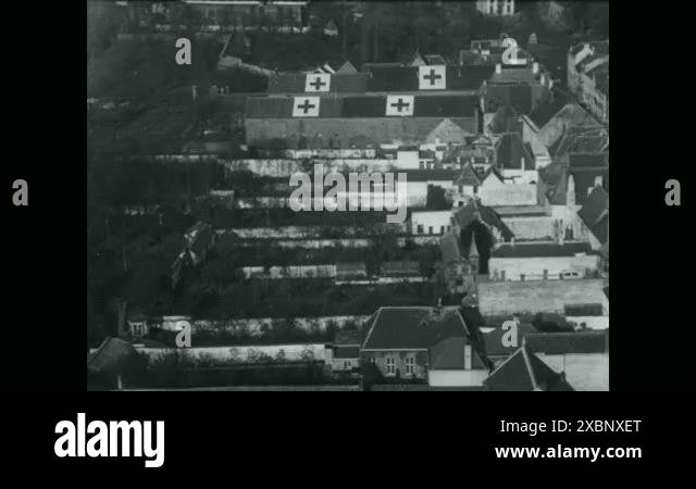 1918 - Aerial and street views of the town center of Ypres, Belgium and ...