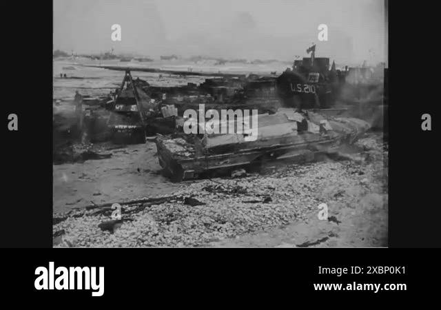 1944 - Wrecked vehicles, including tanks, trucks, watercraft and jeeps ...