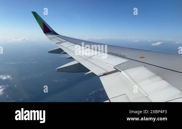 TAP Air Portugal aircraft wing, view from the airplane window to the ...