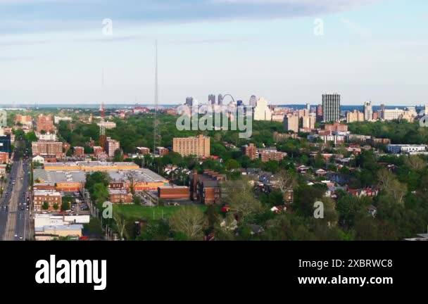Reveal shot of St. Louis cityscape from above, highlighting its urban ...