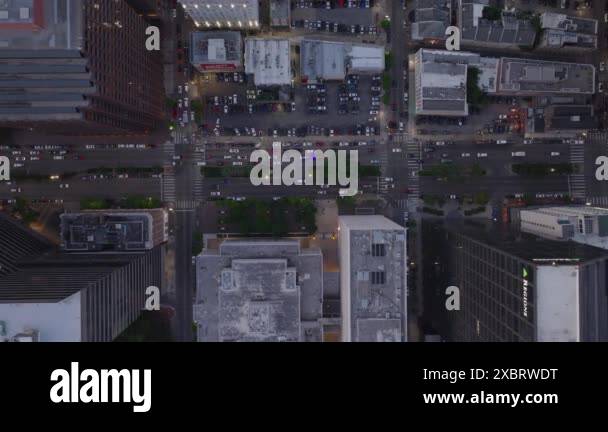 Birds eye view of a downtown area of a major american city at dusk ...