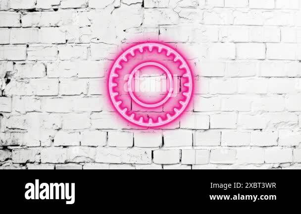 Video footage of glowing, neon Car tire Flicking Icon on brick white ...