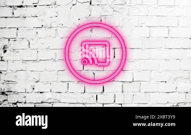 Video footage of glowing, neon Cast, Screencast Flicking Icon on brick ...