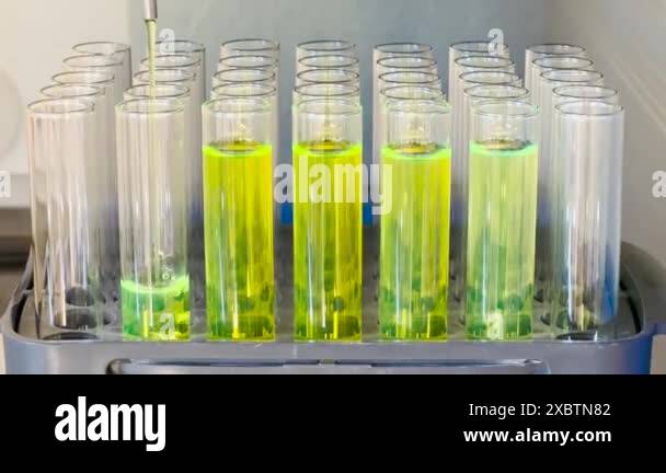 Green fluorescent compound is separated in automated machine. test tube ...