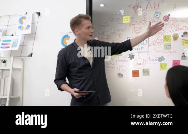 Professional male leader presents start up project by using mind map ...