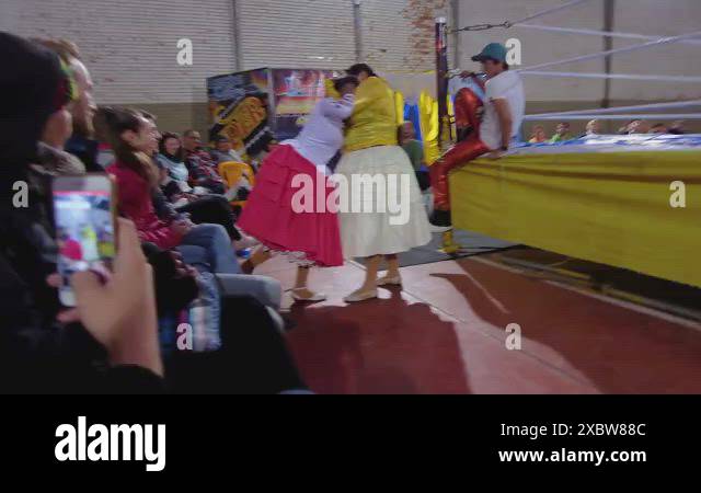 Female woman cholita wrestlers in native costume fight in a boxing ring ...