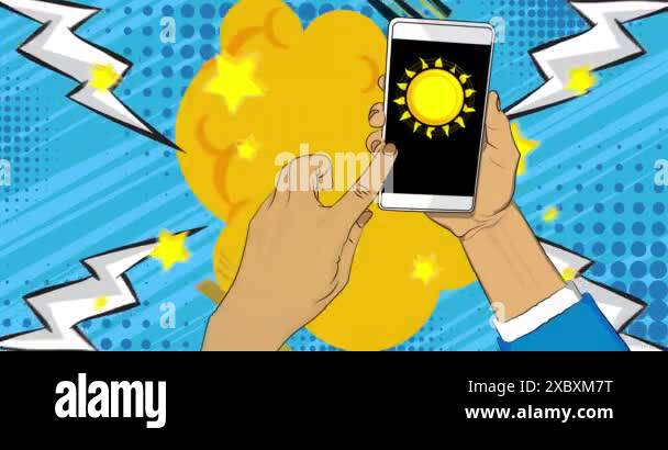 Cartoon Smartphone, comic book Telephone with Summer Sun. Retro ...