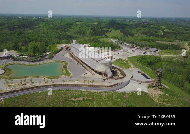 An aerial over a replica of Noah's Ark at the Ark Encounter theme park ...