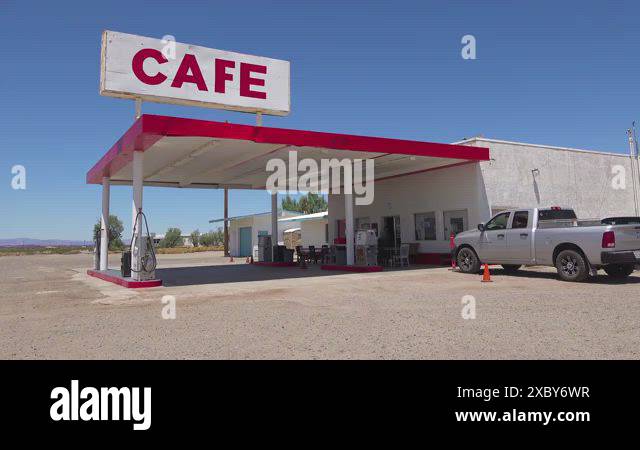 Establishing shot of a lonely desert gas station and hotel motel cafe ...