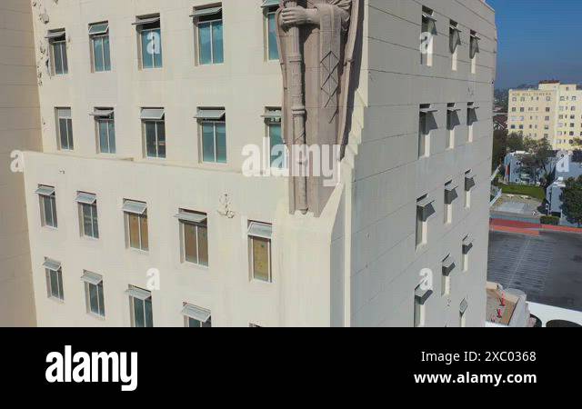 Aerial of the MacArthur building in Los Angeles with elaborate warrior ...