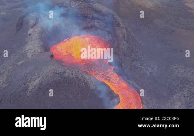 High drone birds eye view aerial of the Fagradalsfjall volcano volcanic ...
