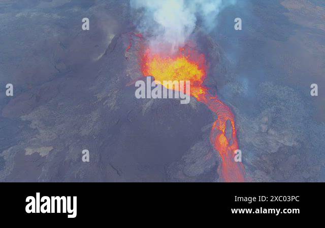 High drone aerial of the Fagradalsfjall volcano volcanic explosive ...