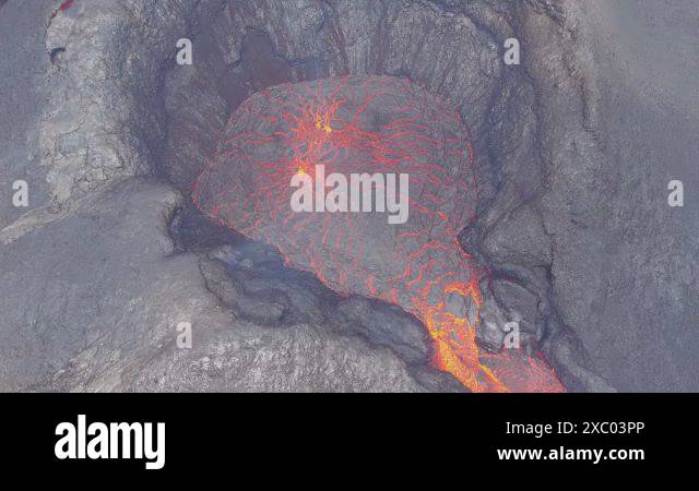High drone birds eye view aerial of the Fagradalsfjall volcano volcanic ...