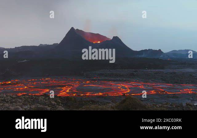 Ground level shot of Iceland Fagradalsfjall volcano eruption with ...