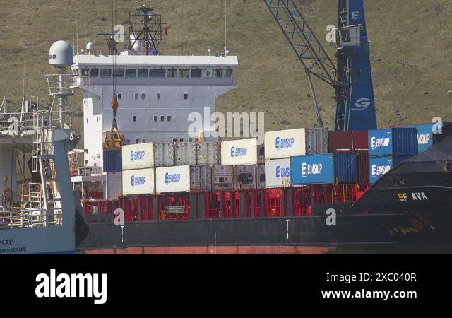 Cargo ships load containers full of fish at the fishing port of ...