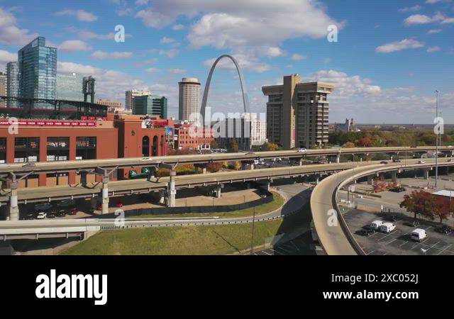 Good aerial over freeway past Busch Stadium reveals the Gateway Arch of ...