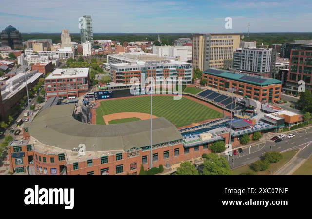 2022 - aerial of downtown Durham North Carolina and the Durham Bulls ...