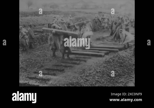 1910s - French Army engineers lay track for a narrow gauge railroad ...