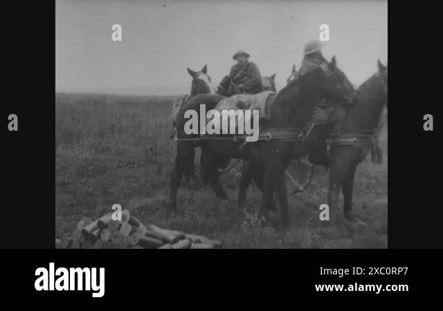 1918 - British artillerymen pull their guns into position for the ...