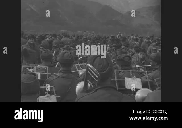 1952 - American soldiers arrive at a USO show where a band and comedian ...