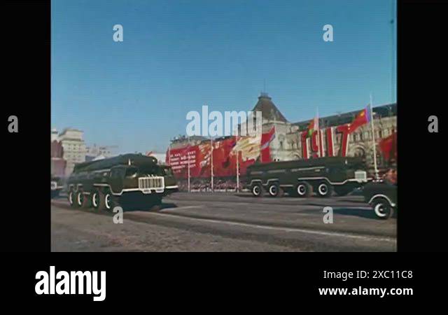 1968 - Rockets and missiles are towed by tanks in a military parade in ...