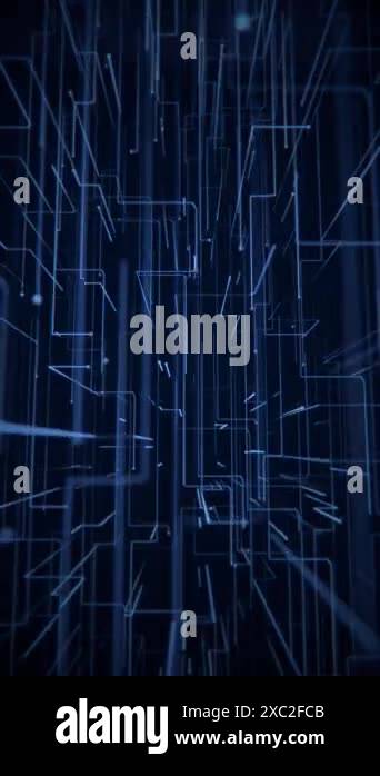 Vertical video - abstract tech 3D circuit board styled background with fast moving nodes ...