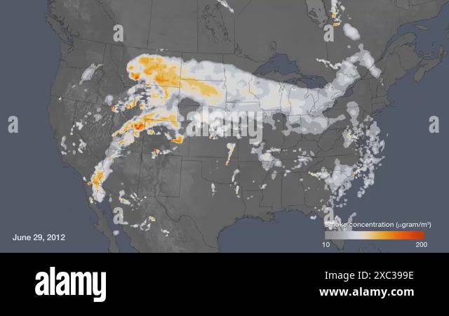 An animated map visualization shows wildfire smoke pollution across America Stock Video Footage ...