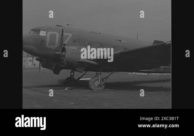 1945 - A damaged US Army Air Force C-47 sits on an airfield in Germany Stock Video Footage - Alamy