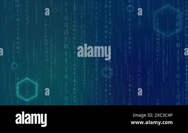 Glowing Neon Light Futuristic surface concept with Illuminated hexagons Grid and binary code ...