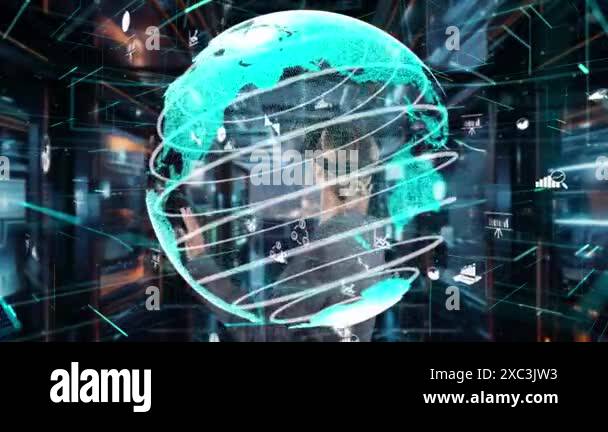 Woman looking around analyze world finance data through by VR glasses uploading turn around ...