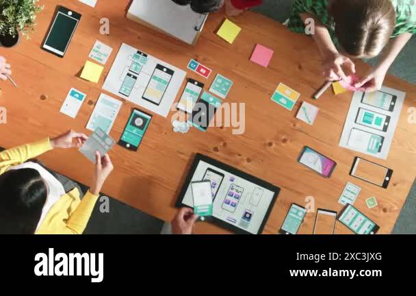 Top view of smart software developer planning software development. Skilled programmer team ...