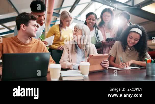 Teacher, explain and group of students with tech for class project, high school and studying for ...