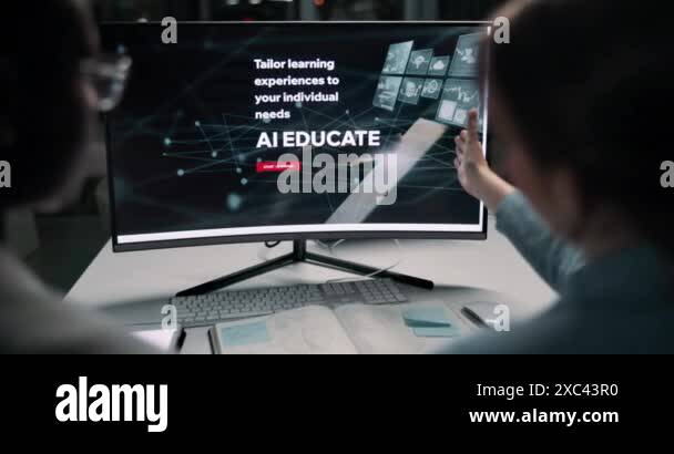 Hands, computer screen and education for ai in office, night and ...