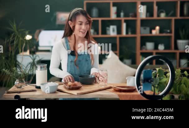 Influencer, kitchen and woman with ingredients for matcha drink for ...