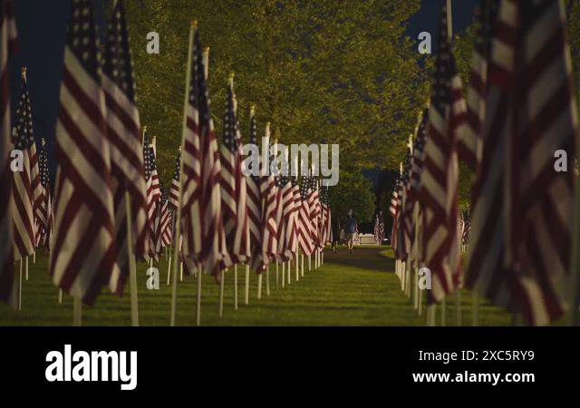2020 Slow motion of flags and visitors to a Memorial Day Field of ...