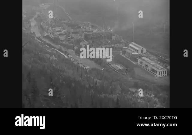 1945 - View from inside an aerial tramway showing the hydroelectric ...