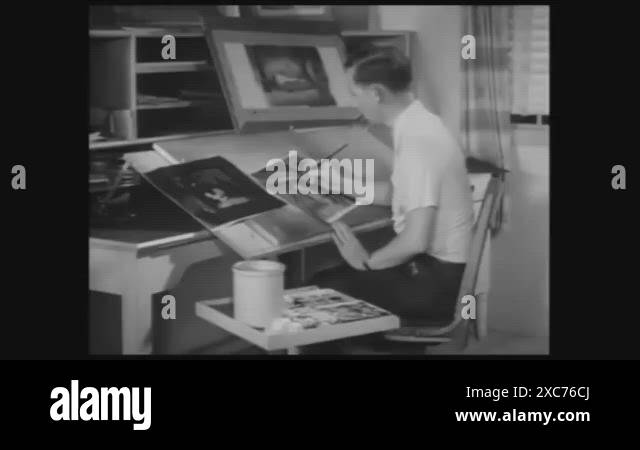 1937 - A background artist works on Snow White and the Seven Dwarfs at ...