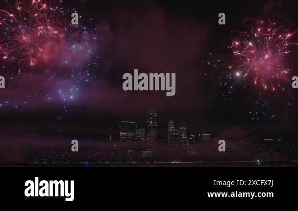 New York City Skyline Manhattan with Flashing Fireworks. New York Manhattan fireworks. New York ...